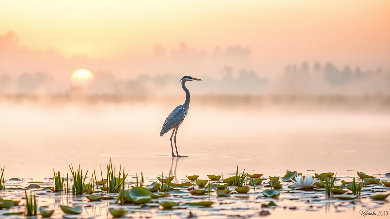 Dawn's Elegance: Heron in Mist | Photography by flux.1 schnell